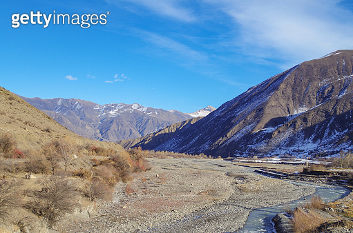 Scenic view of mountains and valley of the river Akhtychay. Nature and ...