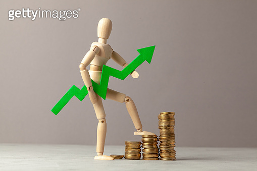 Coins Stairway Up and Up Arrow Graphics. Businessman is going up by the ...