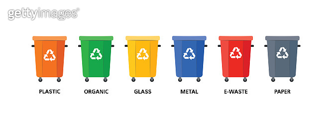 Empty trash bins of different colors for various types of garbage. 이미지 ...