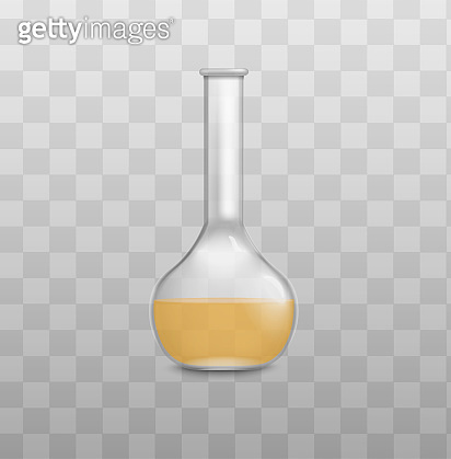 Round glass laboratory beaker with yellow liquid inside for chemistry ...