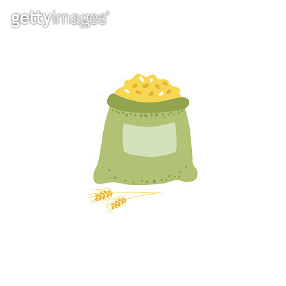 Opened green sack full of grain - symbol of canvas bag filled with ...