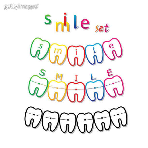 set of smile teeth symbols with braces and smile word on them, isolated ...