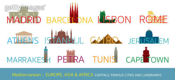 Mediterranean Europe, Africa, Asia Cities Landmarks with Text or Word ...