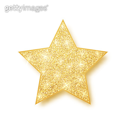 Gold shiny glitter glowing star with shadow isolated on white background. Vector illustration ...