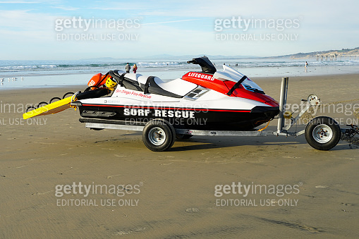 Lifeguard surf rescue jet-ski on the beach in La Jolla, San Diego ...