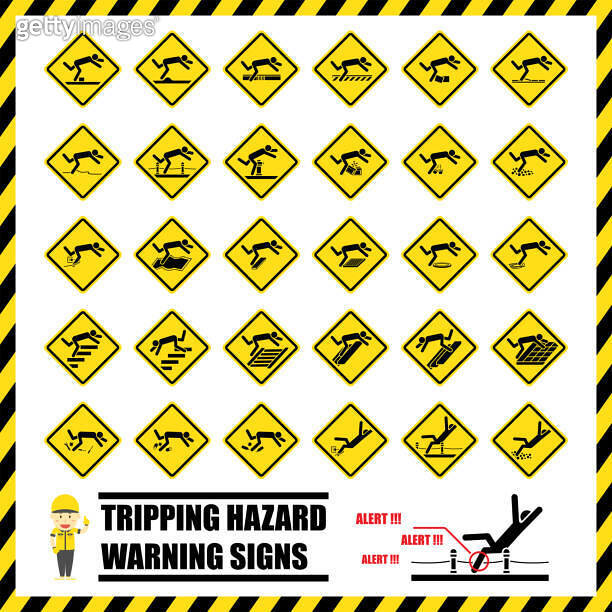 Set of safety warning signs and symbols of tripping hazards, Labels and ...