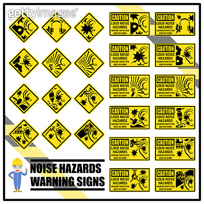 Set of hearing safety signs and symbols for warning and remind workers ...