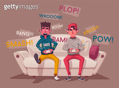 Friends is gaming. Nerds room interior. Cartoon vector illustration ...