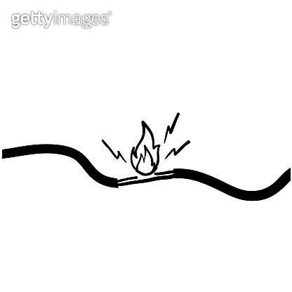 Wire is burning. Fire wiring. Faulty damaged cable. Fire from overload ...