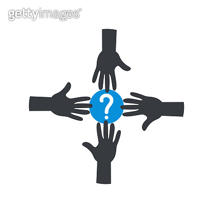 Team work. Team hands together icon with question mark, help, how to ...