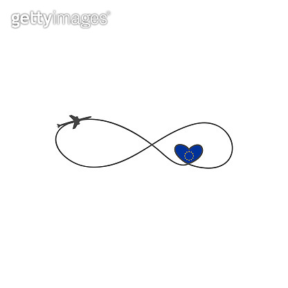 Plane and its track as a sign of infinity and heart and European Union ...