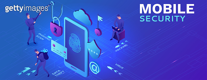 Mobile security concept, data protection, cyber crime, 3d isometric vector illustration ...