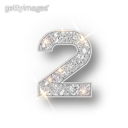 Silver glitter alphabet numbers 2 with shadow. Vector realistick ...