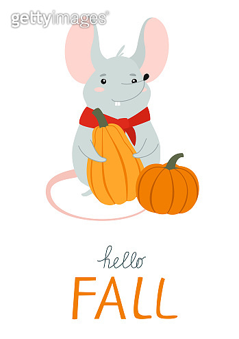 Funny autumn card with cartoon rat and pumpkins. Vector illustration ...