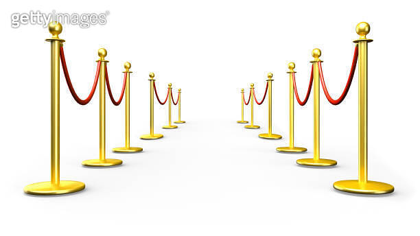 Isolated golden fence, stanchion with red barrier rope. Luxury, VIP ...