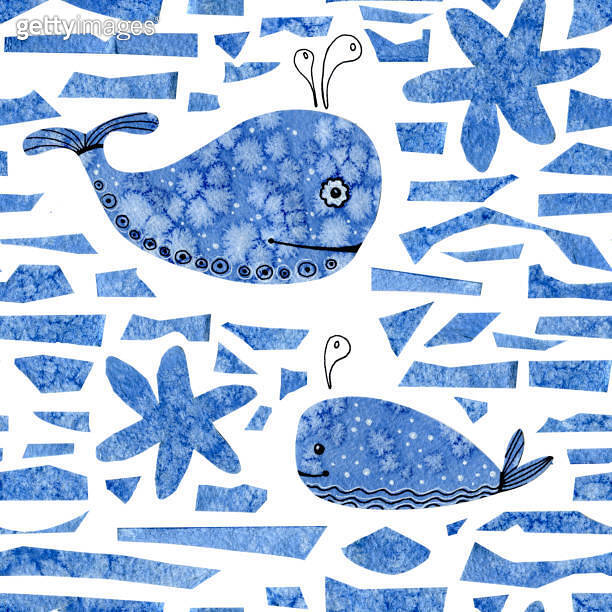 Illustration with cartoon whales. Hand drawing with a flock of marine ...