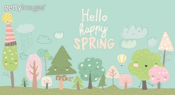 Cute spring trees. Cartoon spring trees on blue background 이미지 ...