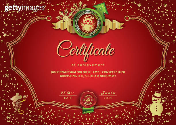 Christmas red certificate with Santa Claus and Rat, Snowman. Winter red ...