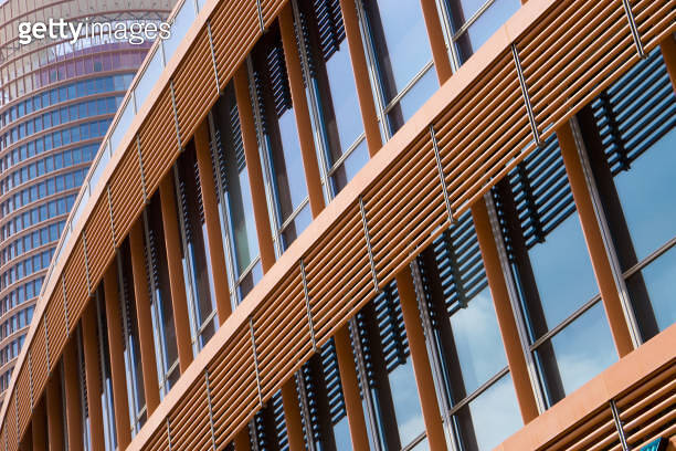 Modern architecture abstract background, blue windows, red rails 이미지 ...