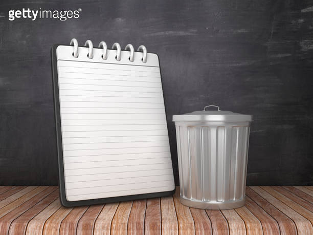 Note Pad with Garbage Can on Chalkboard Background - 3D Rendering 이미지 ...