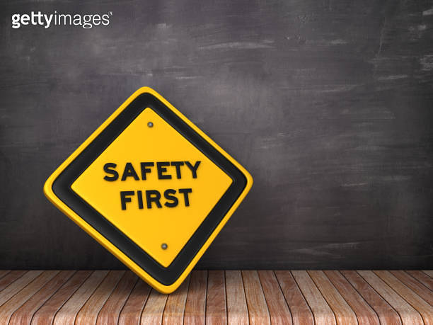 SAFETY FIRST Road Sign on Chalkboard Background - 3D Rendering 이미지 ...