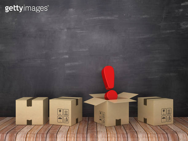 Cardboard Boxes with Exclamation Symbol in Room - Chalkboard Background ...