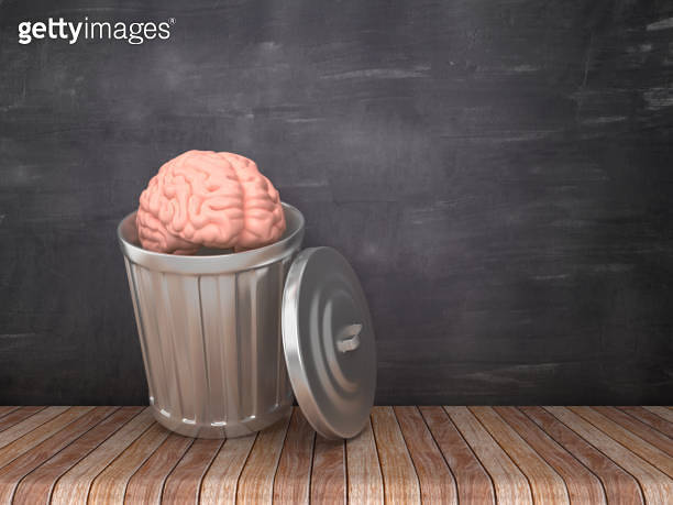 Trash Can with Human Brain on Chalkboard Background - 3D Rendering 이미지 ...