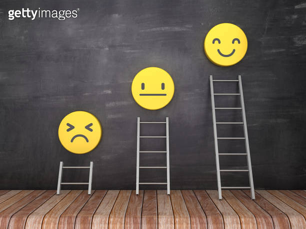 Emoticon with Stairs on Wood Floor - Chalkboard Background - 3D ...