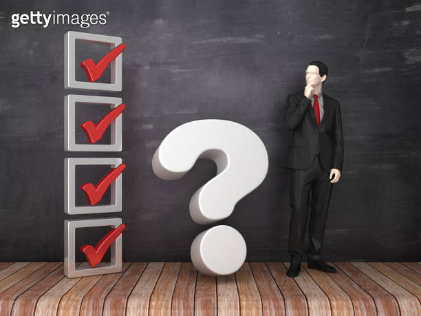 3D Check List with Business Character and Question Mark on Chalkboard ...