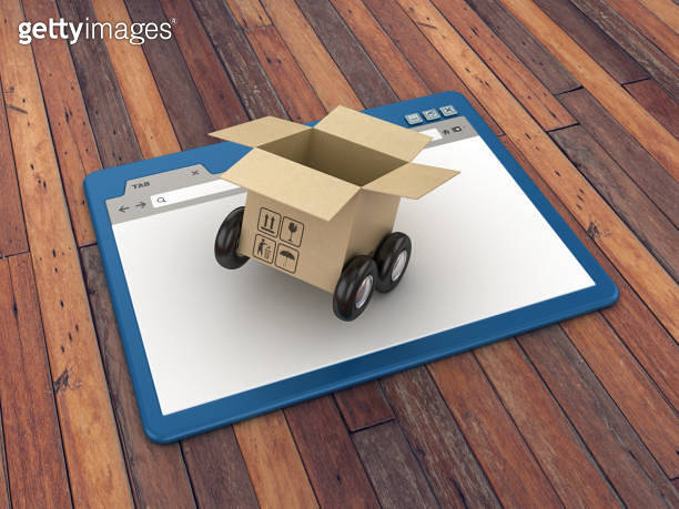 Web Browser with Cardboard Box on Wheels on Wood Floor Background - 3D ...