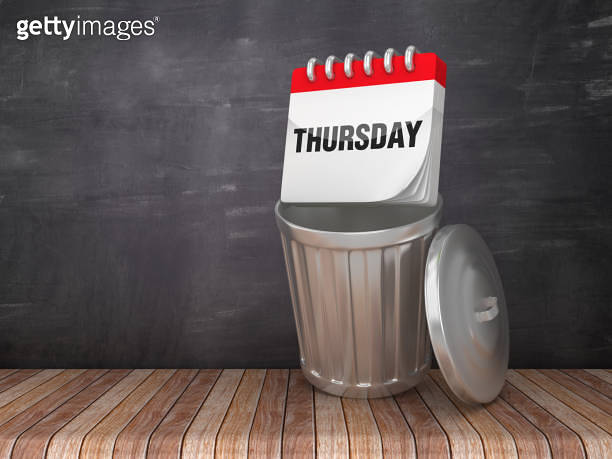Trash Can with THURSDAY Calendar on Chalkboard Background - 3D ...