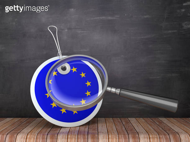 European Union Flag Price Tag with Magnifying Glass on Chalkboard ...