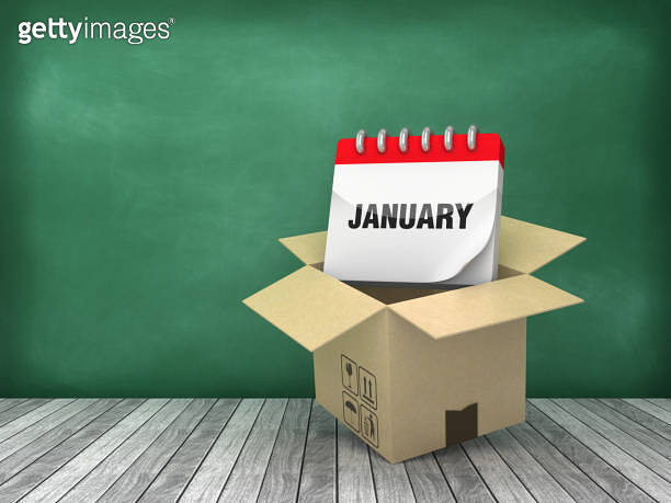 Cardboard Box with JANUARY Calendar on Wood Floor - Chalkboard ...