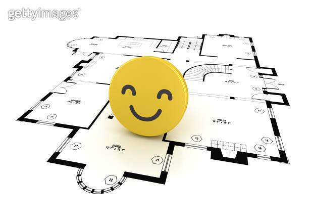 Smile Emoticon on Floor Plan Drawing - 3D Rendering (1149494559) 일러스트 ...