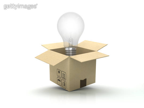 Cardboard Box with Light Bulb on Wood Floor - 3D Rendering 이미지 ...