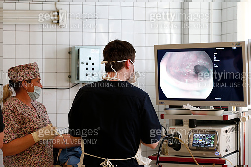 Doctors make endoscopy, look at the monitor screen.Diagnosis of the ...