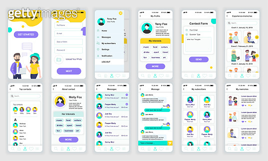Set of UI, UX, GUI screens Social Network app flat design template for ...