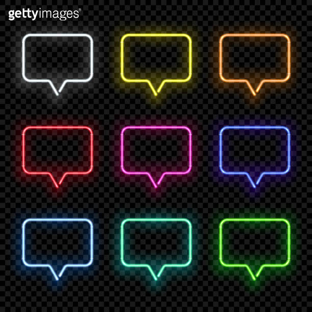 Vector realistic different color neon rectangle speech bubbles on dark ...