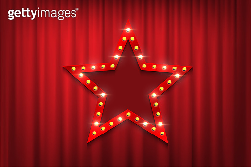 Red star sign with light bulbs against theatre red curtains. Vector ...