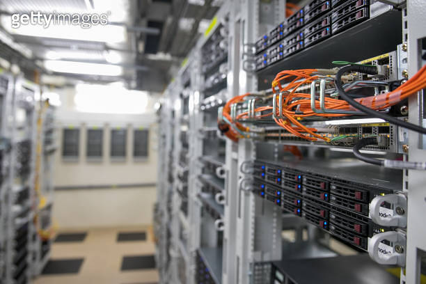 network server room with computers for digital tv ip communications and ...