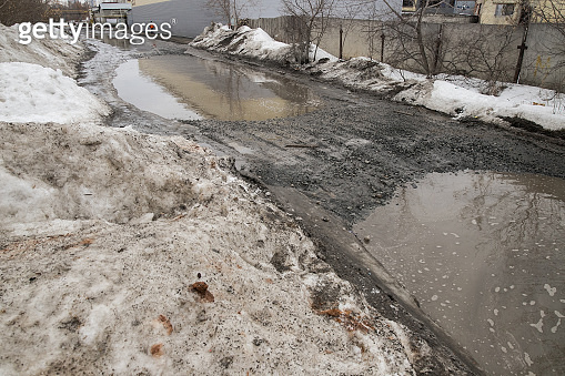 warming in early spring, snow melts turning into slush and puddles ...