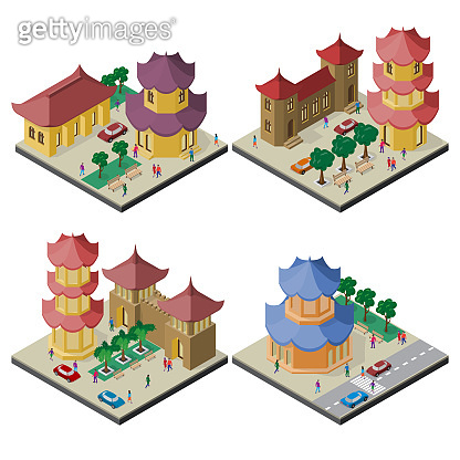 Set of isometric cityscapes with east asia buildings and infrastructure ...