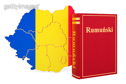 Romanian language book with map of Romania, 3D rendering isolated on ...