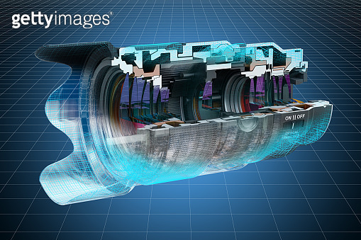 Visualization 3d cad model of Camera lens, blueprint. 3D rendering 이미지 ...