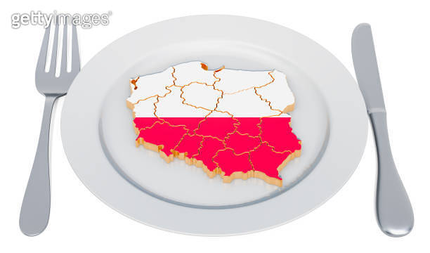 Polish cuisine concept. Plate with map of Poland. 3D rendering ...