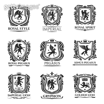 Heraldic animals, Medieval heraldry shields 이미지 (1180629731) - 게티이미지뱅크