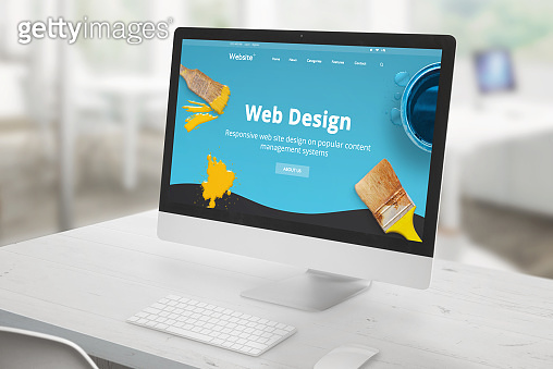 Web design studio concept with computer display on office desk and modern, flat web design ...