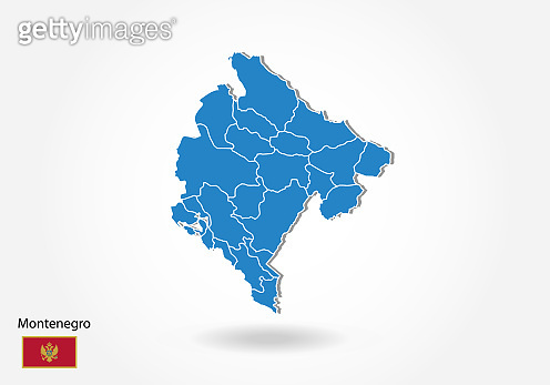 Montenegro map design with 3D style. Blue Montenegro map and National ...