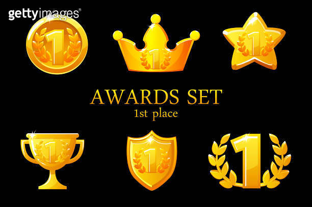 Collections Awards trophy. Golden awards icons set, 1st place winner ...