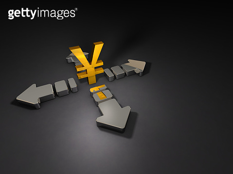 A currency symbol and a big arrow that extends in four directions. It ...